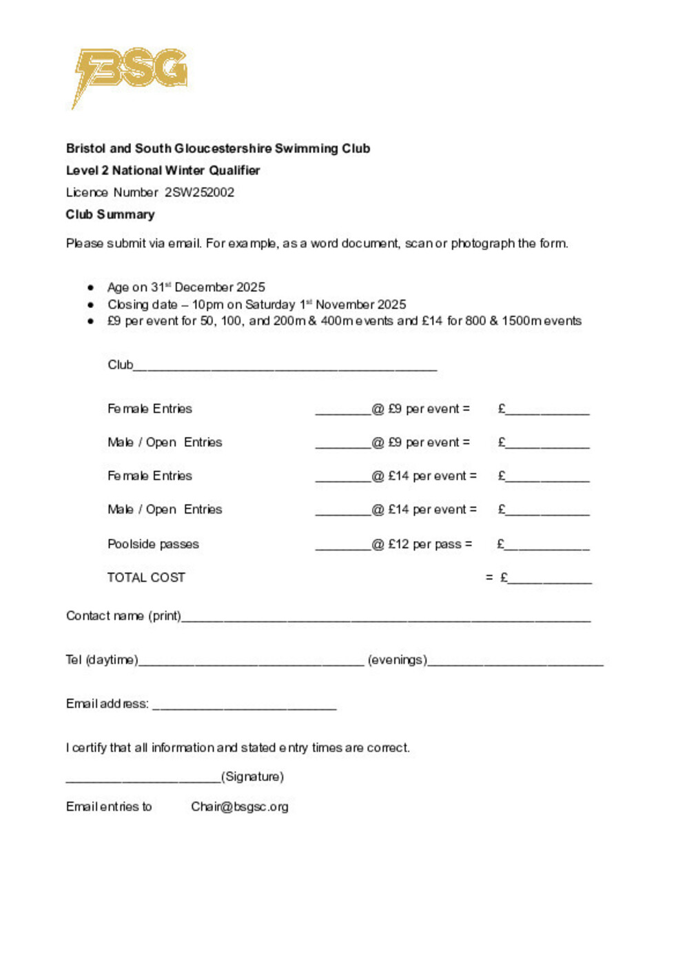 BSG Level 2 National Winter Qualifier | Calendar | Swim England South West